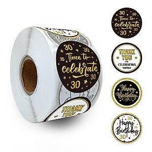 REWIDPARTY Gold 30th Birthday Stickers (500 per Roll, Round, Paper, Waterproof, 1.5'' Diameter) - Party Decorations, Anniversary, Classmate, Company Party Favors