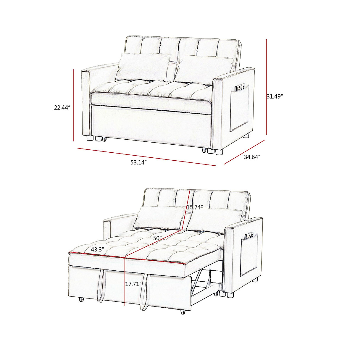 Eafurn Loveseat Pull, Gray Soft Velvet Couch Bed