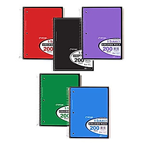 Top Flight Standards 5-Subject Wirebound Notebook, 200 Sheets, 3-Hole Punched, College Rule, 10.5 x 8 Inches, 1 Notebook, Color May Vary (31820)