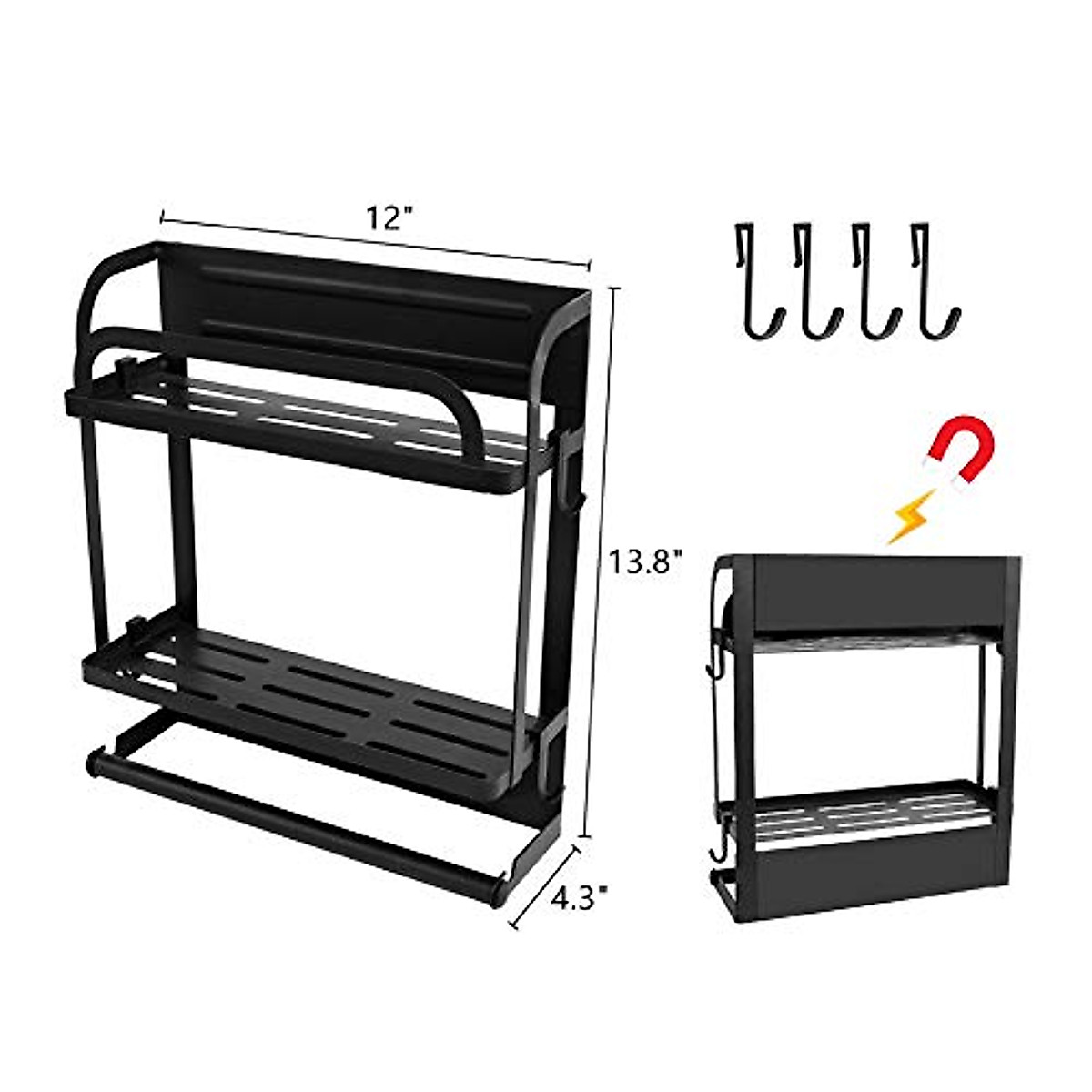 PENGKE Magnetic Spice Rack Organizer 2 Tier Refrigerator Storage Shelf with Paper Towel Holder and Removable Hooks,Strong Rustproof Magnetic Shelf,Black