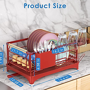 G-TING Dish Drying Rack, Dish Rack for Kitchen Counter, Rust-Proof Dish Drainer with Drying Board and Utensil Holder for Kitchen Counter Cabinet, 16.6” L× 12.6”W× 7.8”H, Bright Red
