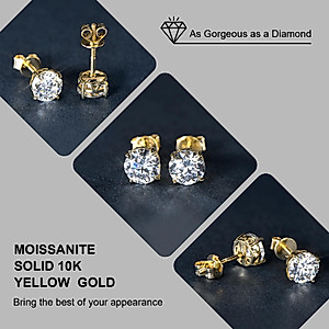 RAPRGOLD Moissanite Stud Earrings Lab Created 10K Real Yellow Gold Earrings Jewelry Gifts for Women Men, Solitaire Round Cut Moissanite Studs for Men Solid Gold in Secure Screw Back 1.60cttw 6mm