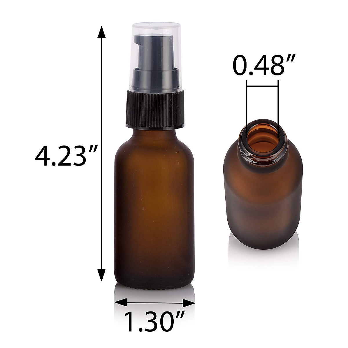 JUVITUS 1 oz / 30 ml Frosted Amber Glass Boston Round Bottle with Black Treatment Pump (12 pack) + Funnel