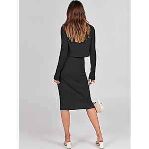 ANRABESS Womens 2 Piece Outfits Sweater Dresses Set Midi Skirt Sets Long Sleeve Crop Top Bodycon Ribbed Knit Dress 2024 Fall Black Large
