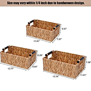 YOCAHAOY Wicker Storage Basket Shelf Bakets Hand-Woven Water Hyacinth Woven Storage Basket with Wooden Handles,Nested Organizer Container with Built-In Carry Handles,3 Pack
