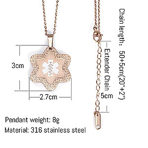 BAIYI HOPE Personalized Rose Gold Medical Alert ID Necklace for Women Star Glitter Dog Tag Pendant Chain for Girls, 20“ (Free Engraving)