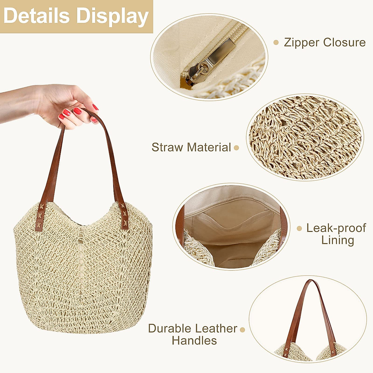 Straw Bag for Women Summer Beach Soft Woven Tote Bag Large Rattan Shoulder Bag for Vacation