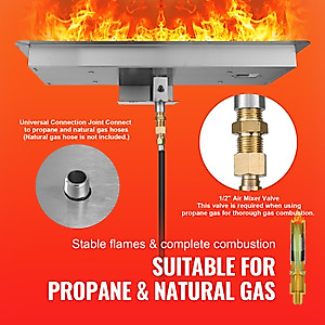 VEVOR 30 x 10 inch Drop-in Fire Pit Pan, Rectangular Stainless Steel Fire Pit Burner Kit,Propane Gas Fire Pan 125,000 BTU with H-Burner for Indoor or Outdoor Use
