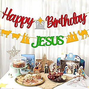 Happy Birthday Jesus Banner for Christian Winter Merry Chritmas Garland Jesus's Bday Party Supplies Gold and Green Decorations