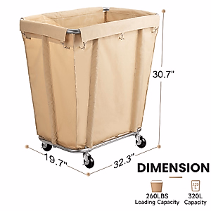 Rengue Laundry Cart with Wheels, 320 L Capacity Commercial Laundry Sorter Rolling Laundry Hamper with Waterproof Oxford Basket and Sturdy Steel Frame, 260 lbs Load, Beige