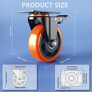 4 Inch Caster Wheels Heavy Duty 2200Lbs, Casters Set of 4 with Safety Dual Locking, Swivel Industrial Plate Casters, No Noise Wheels for Cart, Furniture(Bonus of 2 Hardware Kits & Gloves)