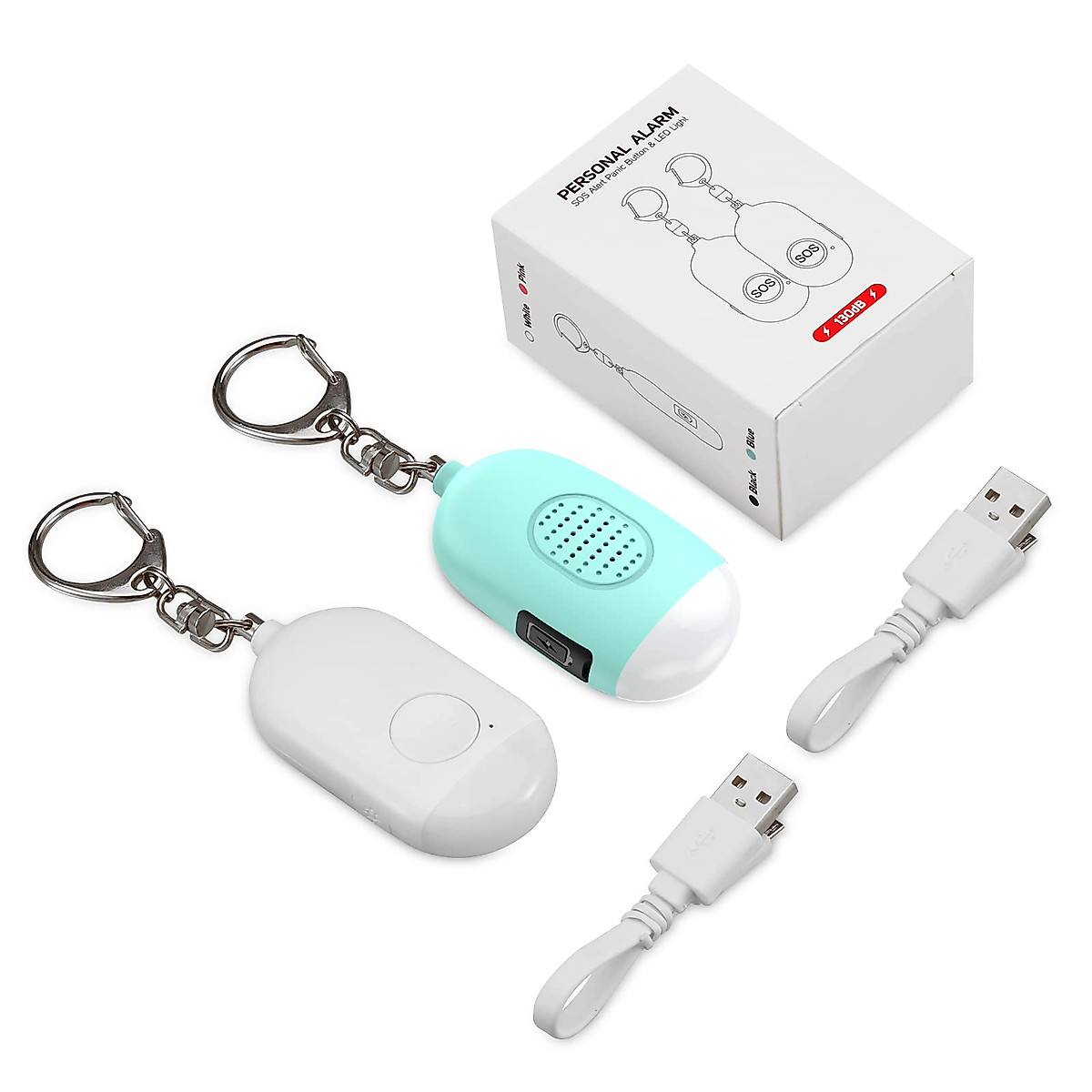 (Upgraded New Version) Safe Sound Personal Alarm, 130dB Rechargeable Safesound Security Alarm Keychain, Emergency Self Defense Alarm with, for Kids, Women, Elderly (2 Pack-White&Blue)