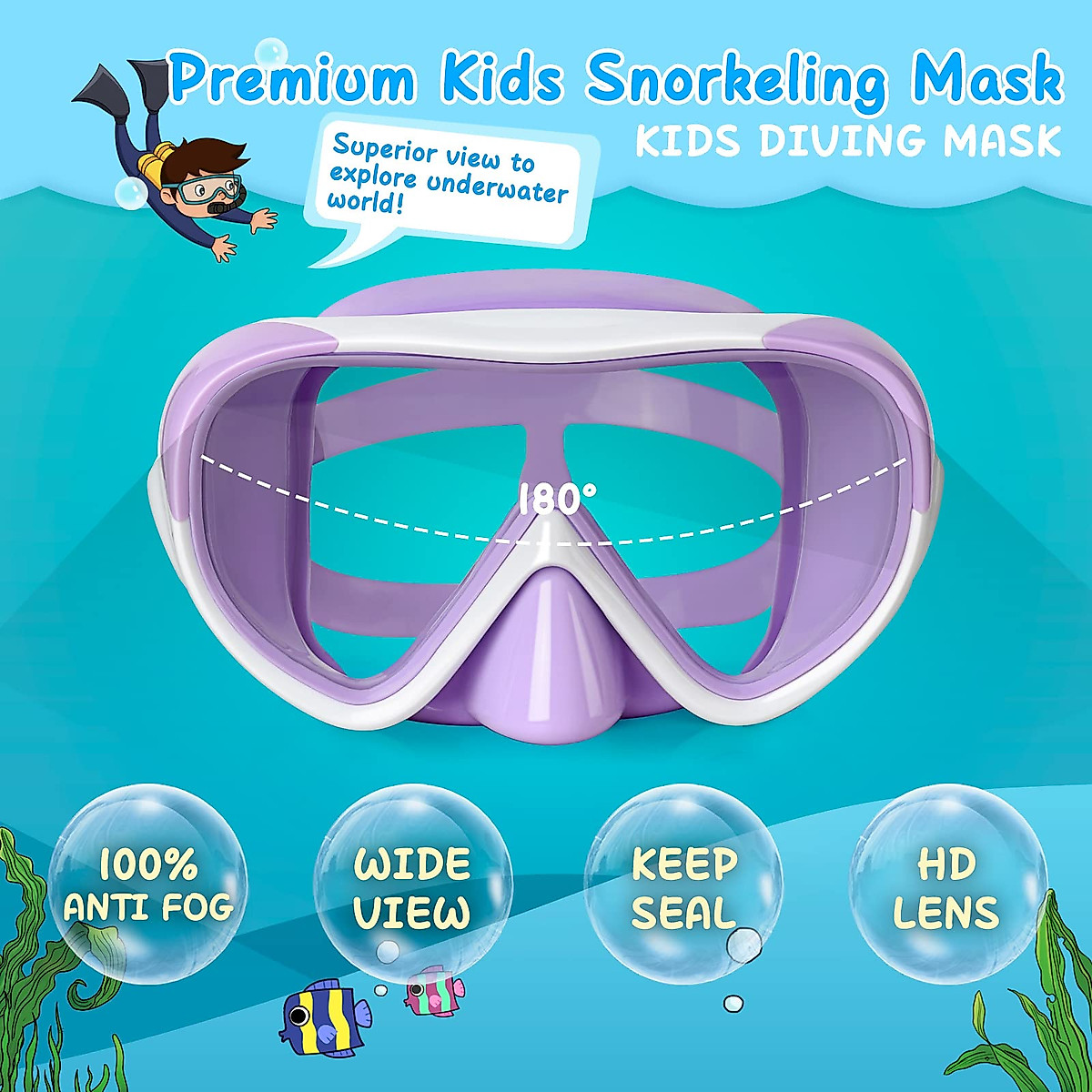 Kids Swim Mask 180° Snorkel Diving Mask, Anti-Fog Child Swim Goggles with Nose Cover No-Leak Swimming Goggles Anti-Shattered Lens for Youth 4-15 (Purple)