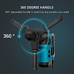 Tilswall 1-1/4 Inch SDS-Plus Rotary Hammer Drill 1500W, Safety Clutch 4 Function and Adjustable Soft Grip Handle with Vibration Control, Including Grease, Chisels and Drill Bits with Case