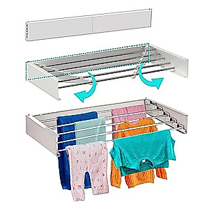 EWODE Clothes Drying Rack Wall Mounted, Collapsible Retractable Laundry Drying Rack, 60 lbs Capacity, 13,1 Linear Ft, 31,5" Width (White)