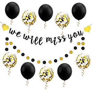 Luxiocio We Will Miss You Banner Balloon Going Away Party Decorations - Farewell Party Decorations Supplies - Black Gold Banner Confetti Latex Balloons for Retirement Office Work Party Sign Decor