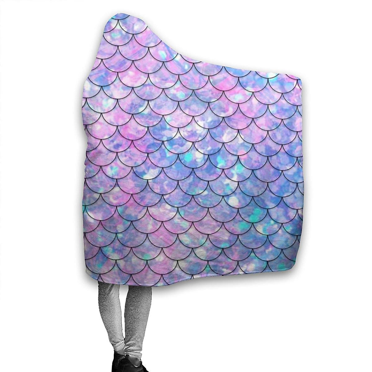 321DESIGN Mermaid Fish Scale Wearable Blanket Fleece Hooded Robe Cloak Throw Quilt Poncho Microfiber Sherpa Plush Warm Wrap Multiple-Size Child(50"x40"in)