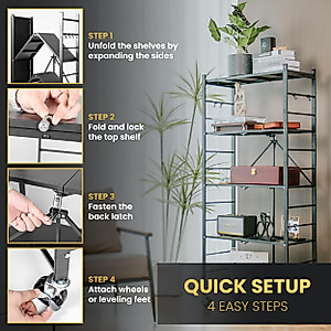Regaliance Foldable Shelves with Wheels | 5-Tier Metal Shelving Unit - Tiered Shelf Organizer Solution - Strong & Stylish. Use Anywhere from Kitchen Racks and Shelves to Laundry Room Storage Rack