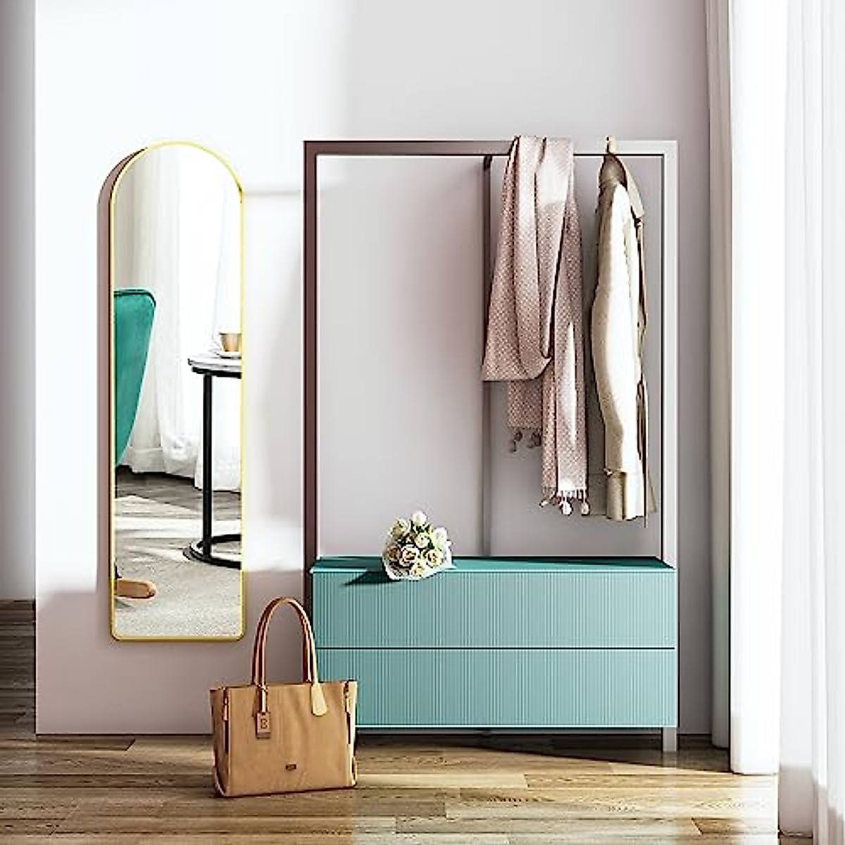 SUPPNEED 59"x15.7" Arched Full Length Mirror, Large Arched Mirror Floor Mirror with Stand, Bedroom Mirror, Modern Arched Shape Wall Mounted, Hanging or Standing, Gold