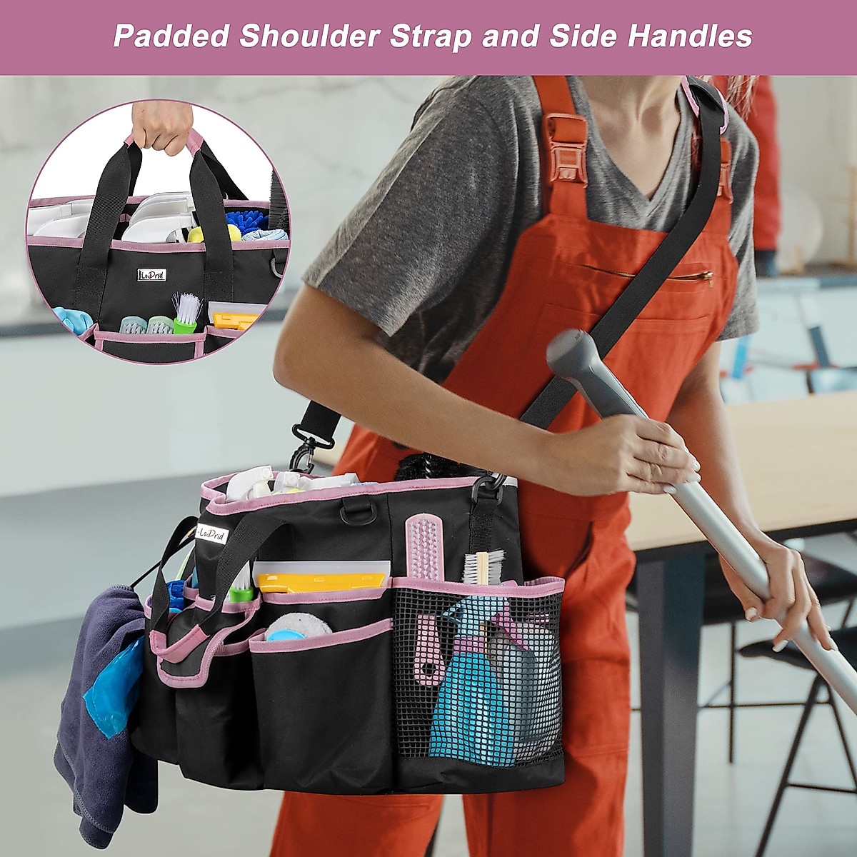 LoDrid Cleaning Caddy Bag with Handle and Shoulder Strap, Cleaning Supplies Organizer for Cleaning Work with 3 Compartments and Multifunctional Pockets, Black with Pink Edge