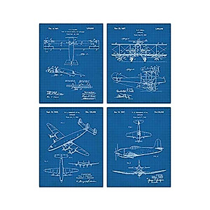 Vintage Aircraft Blueprint Patent Print, Set of 4, 8x10 Aesthetic Wall Posters and Unique Art Prints Picture for Bathroom, Home, Man Cave, Dorm, Office & Bar Wall Decor Poster