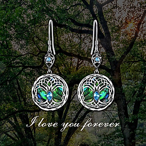 Celtic Tree of Life Earrings Sterling Silver Family Tree Dangle Drop Earrings with Birthstone Crystals, Birthday Jewelry Gifts for Women Her (Simulated Aquamarine)