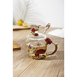 Guon-Wuvl Flower Teacup Transparent Glass Teacup, (With Spoon + Lid), Fancy Tea Cups, Flower Tea Cup,Tea Cup Gift, Gifts for Women,Mother's Day Present，Gift Box. (Rose Red Short Cup)