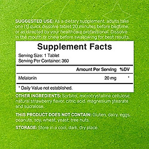 Melatonin 20mg Tablets, 360 Pill - Strawberry Flavored - Easy Consumption & Absorption | Keto, Vegan Friendly, Bulk Supply (360 Servings)