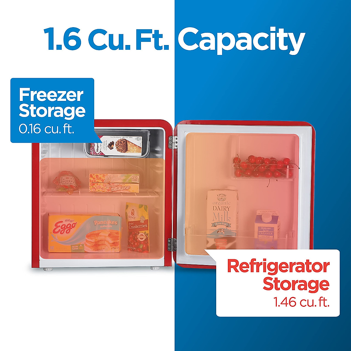 Commercial Cool 1.6 Cu. Ft, Vintage Style, Retro Fridge with 1 Slide-Out Wire Shelf & Bin Storage, Small Refrigerator with Freezer, Red