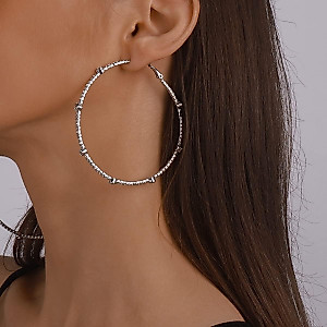 Jumwrit Big Rhinestone Hoop Earrings Large Round Circle Earrings Chain Dangle Earrings Sparkle Stud Earrings for Women Girls（Silver）