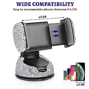 Dashboard Phone Holder Bling Phone Mount for Car,Car phone holder Mount with One More Air Vent Base,Phone Holder Car Accessories,Universal Car Phone Holder Mount for Windshield and Air Vent,Silver
