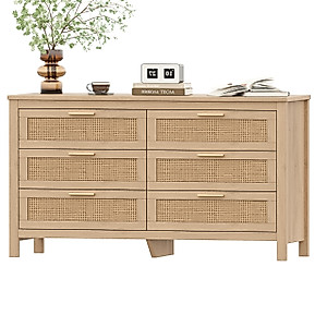 Keehusux Rattan 6 Drawer Dresser for Bedroom, Wooden Storage Chest of Drawers with Metal Handles, Double Dresser Chest for Living Room, Entryway, Natural KES002MDG