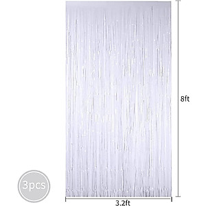 3Pcs White Metallic Tinsel Foil Fringe Curtains,3.2ft*8ft Gold Photo Booth Backdrop Streamer,Photo Booth Props,for Party Door Wall Curtains Bachelorette Birthday, Christmas,New Year Decorations
