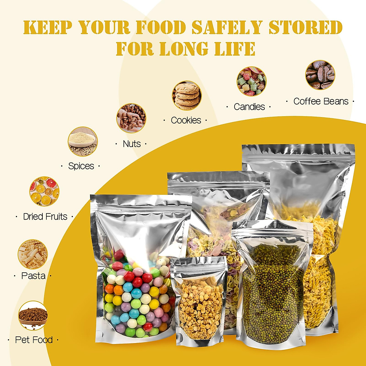 100PCS Resealable Mylar Bags for Food Storage, 5.9'' x 8.7'' Smell Proof Ziplock Bags Freestanding, Aluminum Foil Packaging Pouches Bag for Cookies, Nuts, Tea, Candy - 6.3 Mil