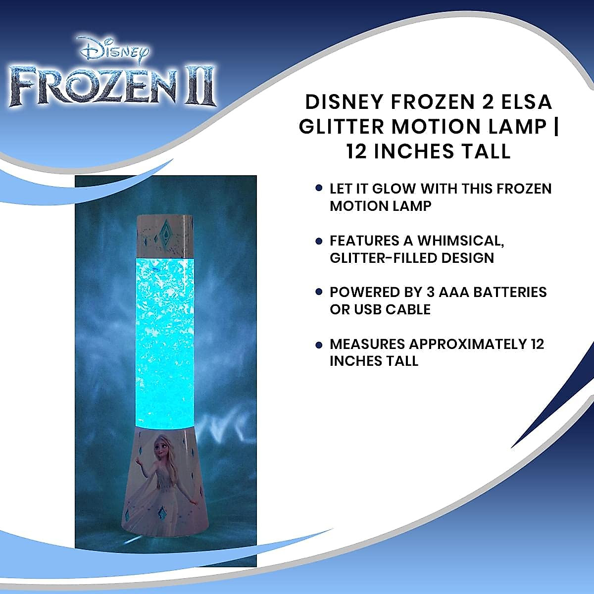 Ukonic Disney Frozen 2 Elsa Glitter Lamp | LED Light, Bedside Table Lamp for Desk | Home Decor Accessories and Room Essentials | Official Disney Princess Collectible | 12 Inches Tall