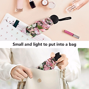 ALAZA Pink Rose White Flowers Floral Folding Umbrella for Rain Sun Travel Mini Lightweight Compact Umbrellas