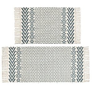 Pauwer Cotton Area Rug Set 2 Piece Washable Printed Cotton Rugs with Tassel Hand Woven Fringe Cotton Rug Runner for Kitchen, Living Room, Bedroom, Laundry Room, Entryway