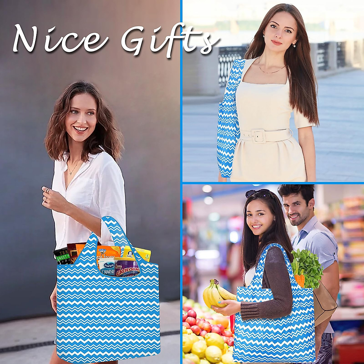 Vuudh 6 Packs Reusable Grocery Bags - Machine Washable Grocery Tote with Pouch, Foldable Shopping Tote Bag Nylon (Blue Waves)