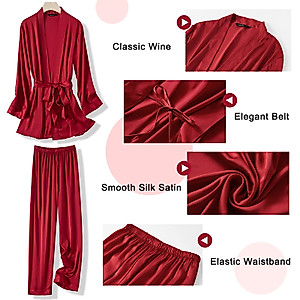 Arwser Women's Silk Satin Pajamas Set 4 Pcs Sleepwear Cami Top Pjs with Shorts and Robe Red