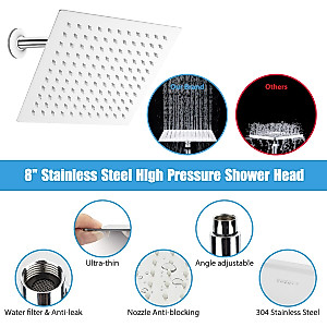 Taiker Shower Head, 8 Inch High Pressure Rainfall Shower Head/Handheld Showerhead Combo with 11.5 Inch Adjustable Curved Arm, Anti-leak Shower Head with Holder/Hose, Flow Regulator, Chrome (Silver)