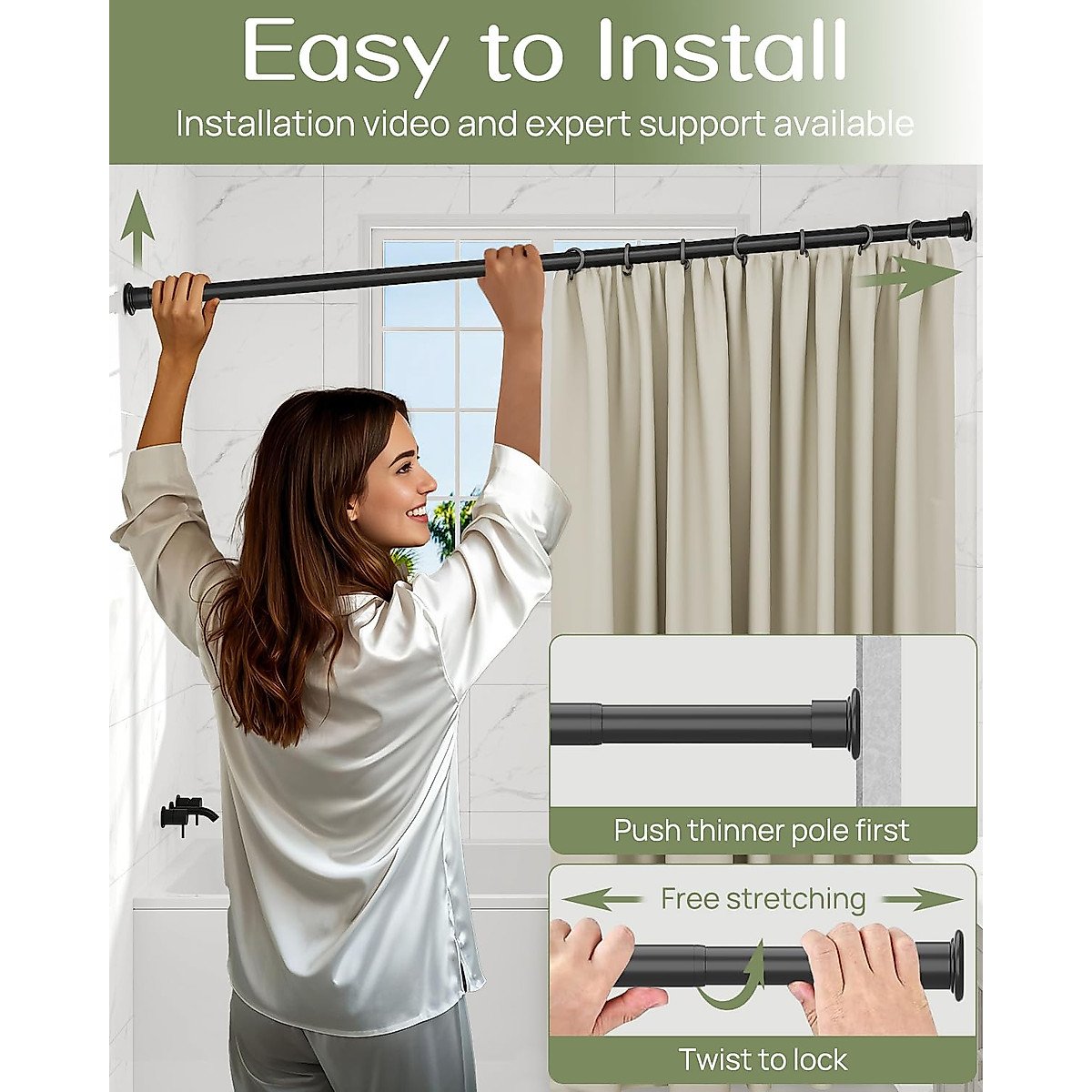 ALLZONE Heavy Duty Tension Shower Curtain Rod 42-83 Inches for Bathroom, Window, Non-Slip, Adjustable with Strong Spring Pole for Closet, Doorway, No Rust, No Drilling, Black