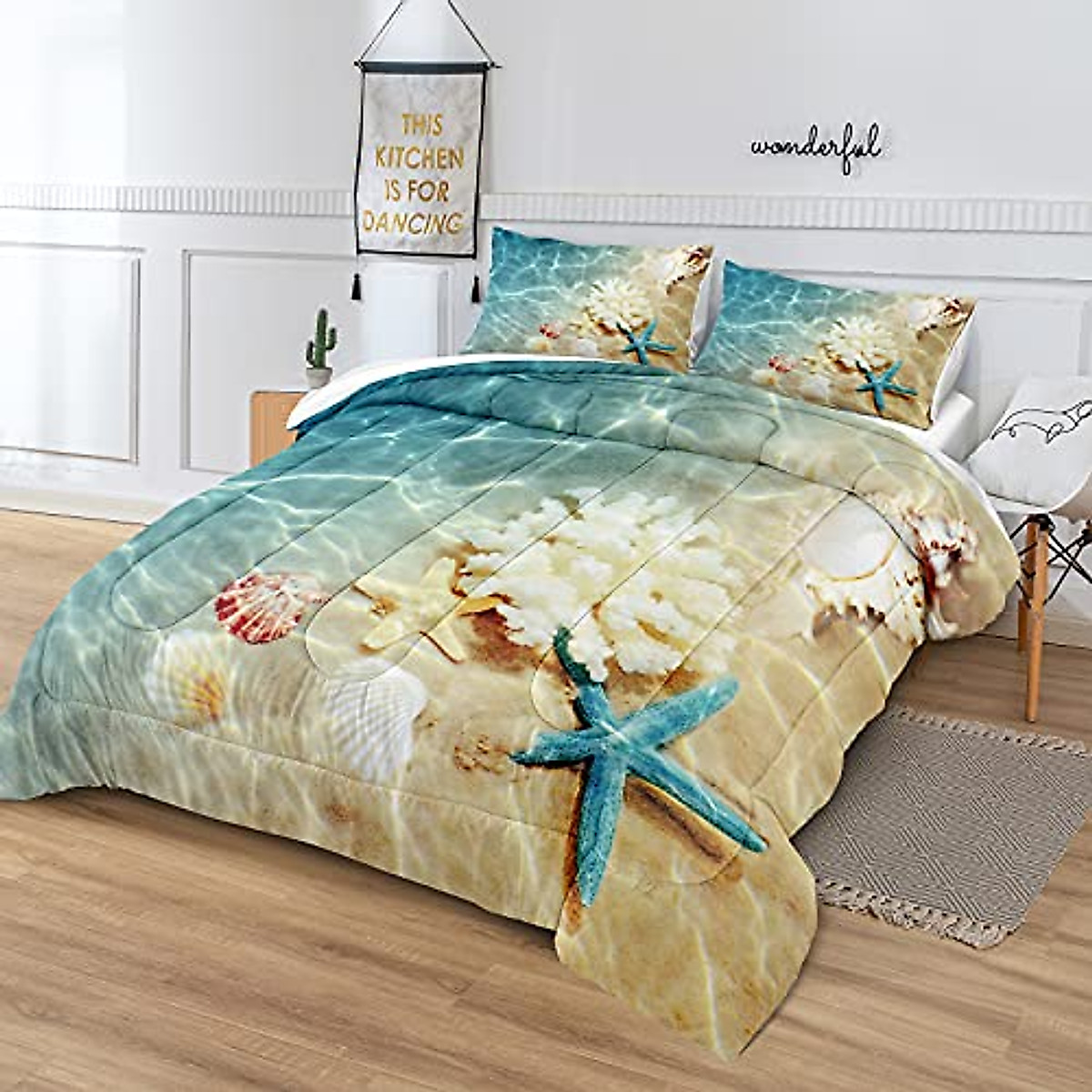 Bedbay Coastal Bedding Set Queen Size Comforter Set Sea Shell Starfish Ocean Decor Teal Comforter Set Queen 3 Piece Beach Theme Bedding Comforter (Coastal, Queen)