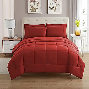 Sweet Home Collection 5 Piece Comforter Set Bag Solid Color All Season Soft Down Alternative Blanket & Luxurious Microfiber Bed Sheets, Red, Twin