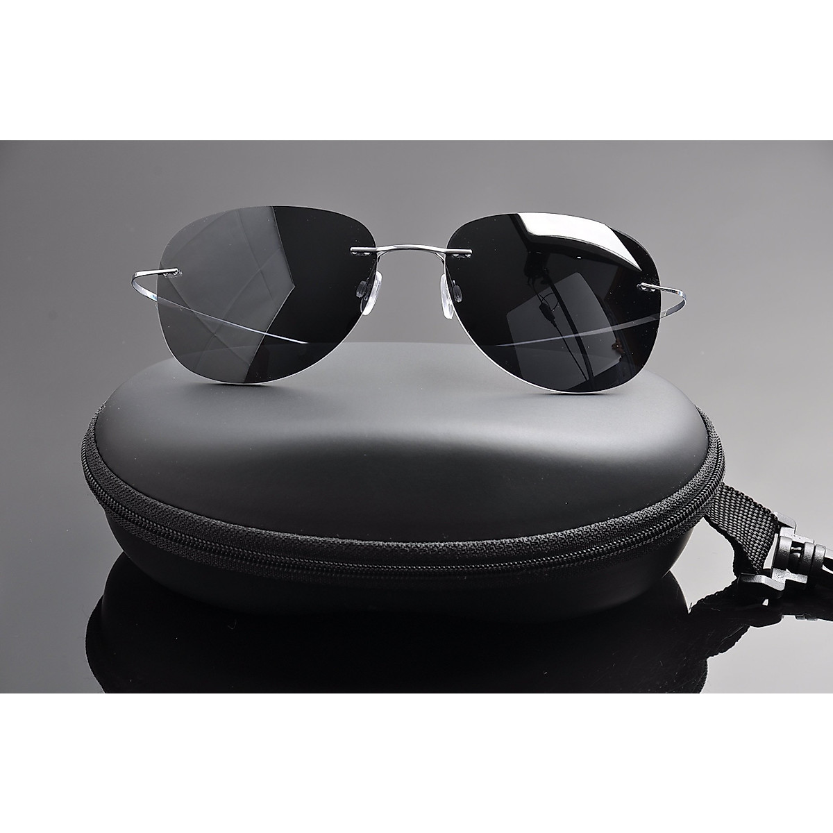 De Ding Mens rimless titanium polarized Sunglasses (silver, gray)