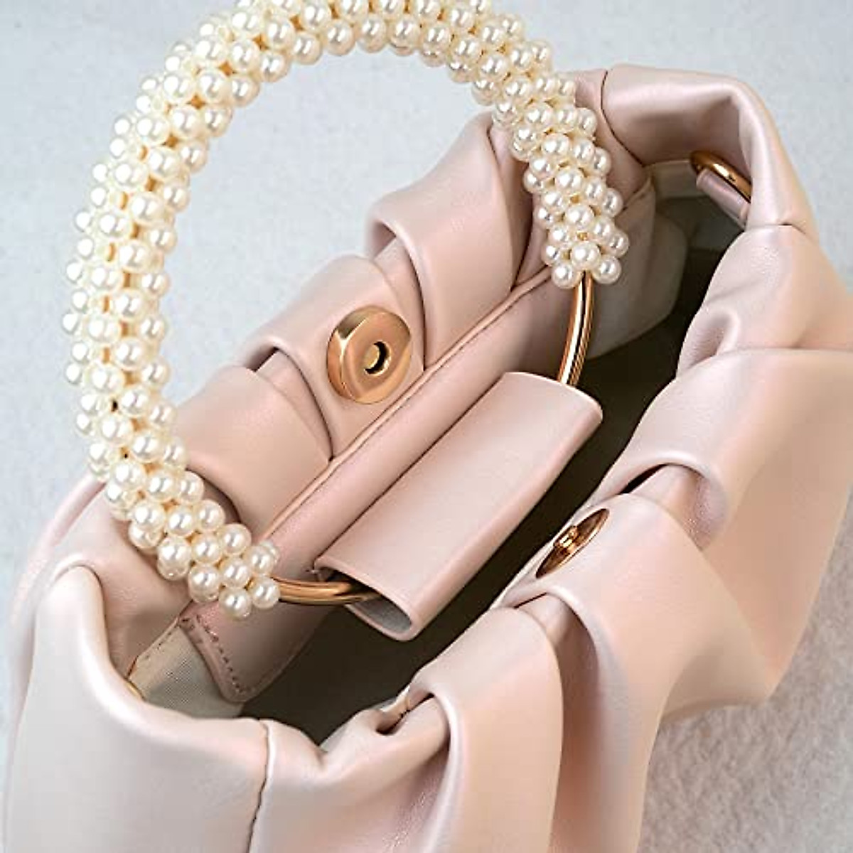 HEYCUE Women's Elegant Pearl Handbag Pleated Design Crossbody Purse Wedding Prom Bride Clutch Purse With Pearl Chain