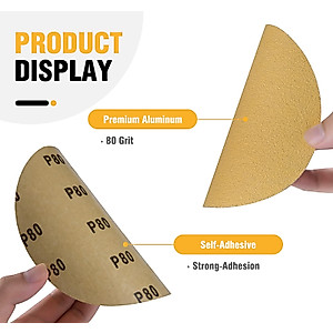 LuckyGuard 100 PCS 6 Inch Gold PSA Sanding Discs 80 Grit Self Adhesive Sticky-Back Sandpaper for DA Sander Finishing Various Materials-Wood Metal Plastics Woodworking Sanding Disc Roll
