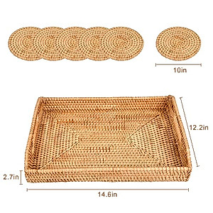 Akamino Rattan Tray with Rattan Coasters - 14.6''x12.2''x2'' Hand-Woven Wicker Basket Tray with Handles for Breakfast, Rectangular Decorative Serving Organizer for Coffee Table, Drinks, Fruit