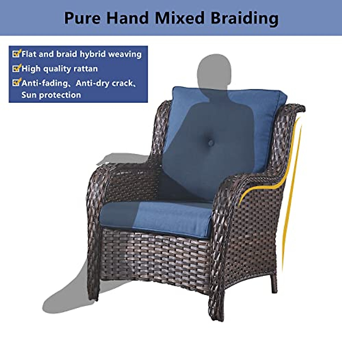 Belord Patio Furniture Conversation Sets 2 Peices Wicker Chairs, Wide Armchair Outdoor Furniture Sets for Porch, Balcony, Backyard, All Weather Brown Wicker Chair with Blue Cushion