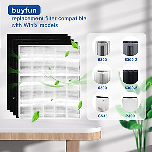 buyfun 115115 Size 21 Replacement Filter A H13(MERV 17) True HEPA Filter Compatible with Winix C535, PlasmaWave 5300, 5300-2, 6300, 6300-2, P300 Plasma wave, 1×HEPA filter+4×carbon filter