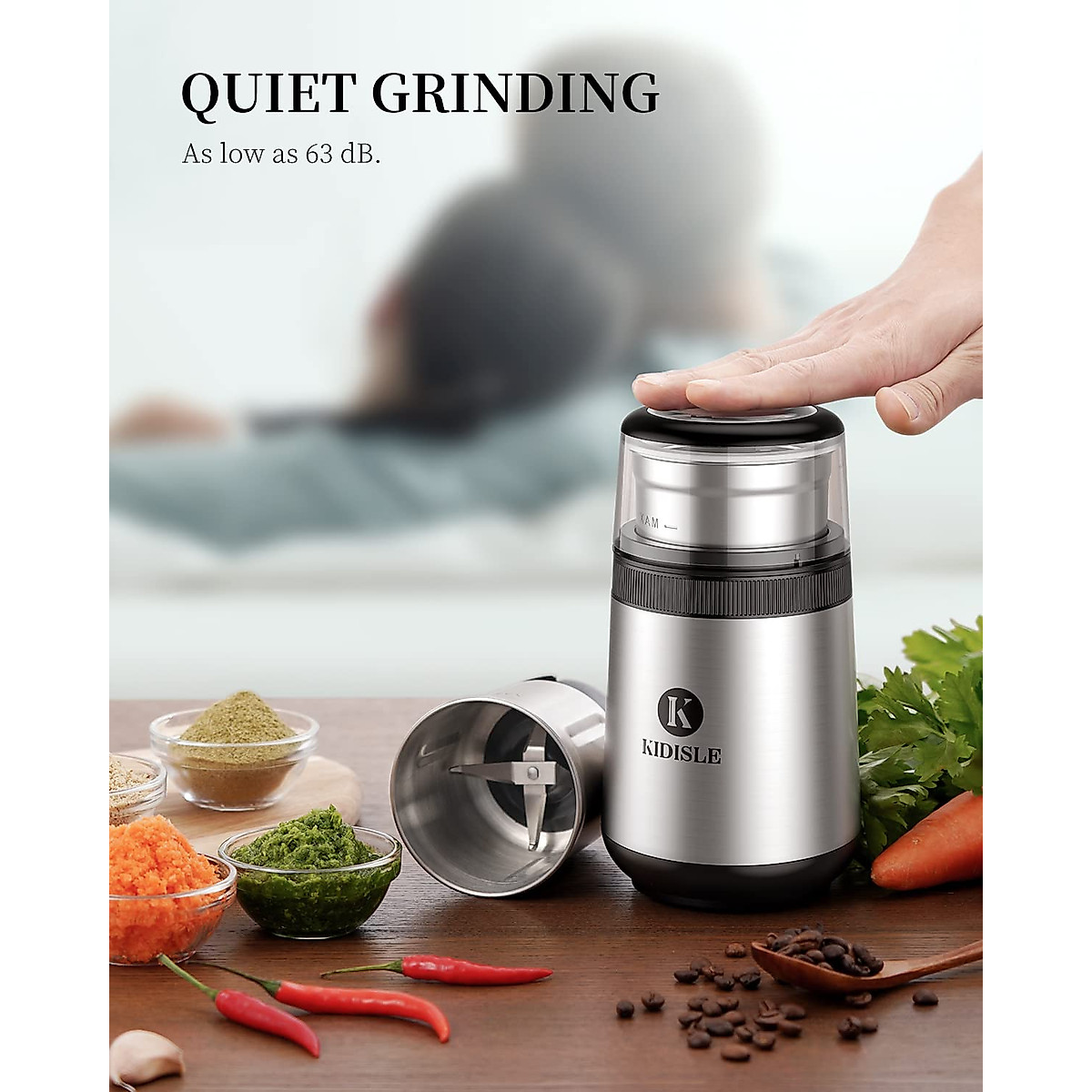 KIDISLE Coffee Grinder Electric, Herb Grinder, Spice Grinder, Coffee Bean Grinder, Espresso Grinder with 2 Removable Stainless Steel Bowl,Silver